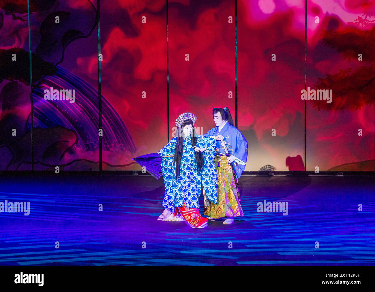 Traditional Japanese Kabuki performance in front of the Bellagio hotel ...