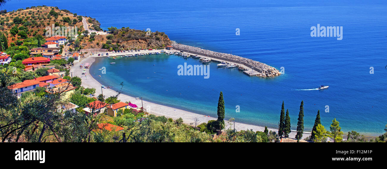 Panoramic view to Sambatiki port, village and bay located near Leonidio ...