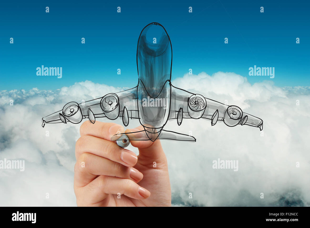 hand drawing airplane on blue sky background Stock Photo - Alamy