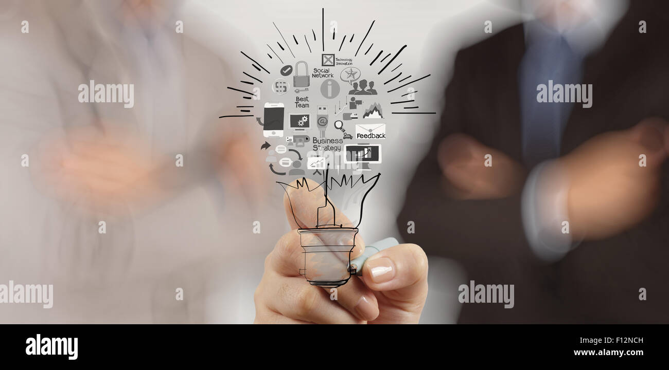 hand drawing creative business strategy with light bulb as concept ...