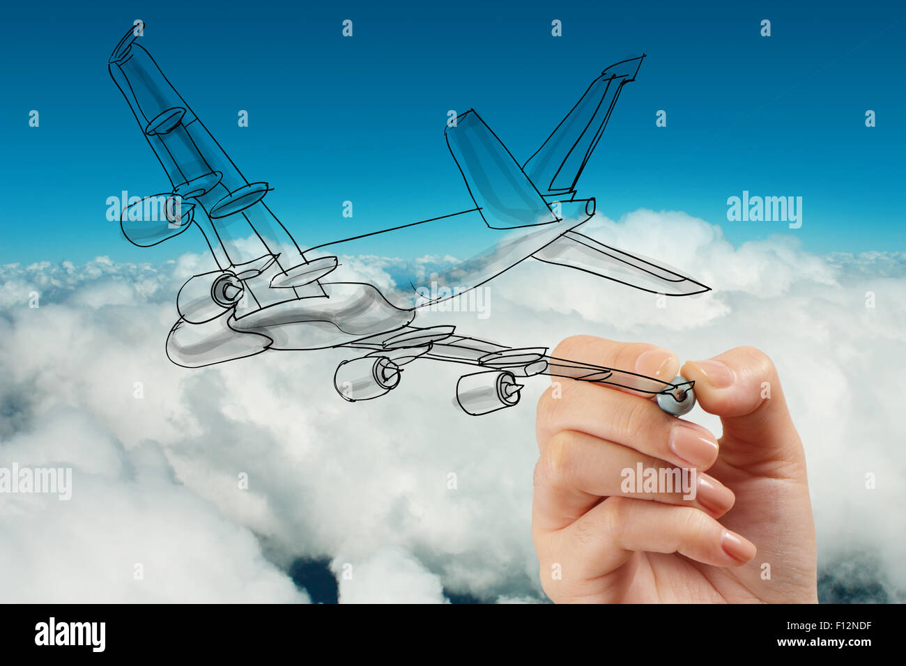hand drawing airplane on blue sky background Stock Photo - Alamy