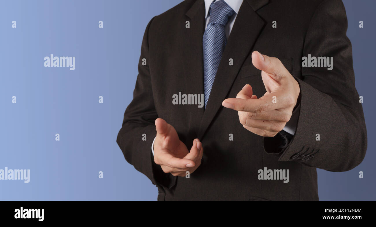 Businessman hand pressing an imaginary button on virtual screen Stock ...