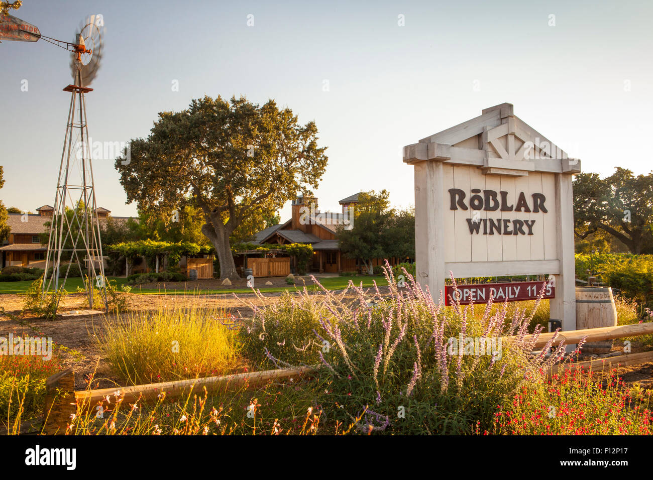 entrance sign and windmill, Roblar Winery, Santa Ynez Valley ...