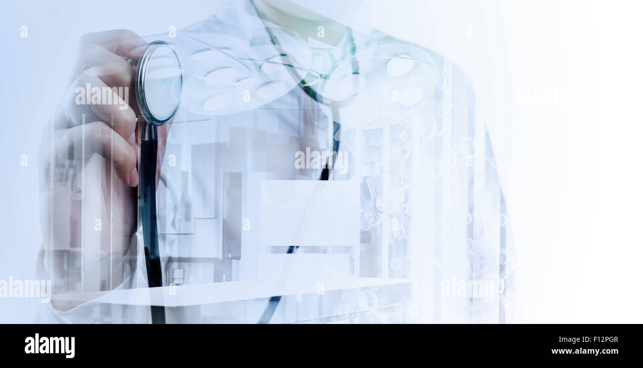 Double exposure of smart medical doctor working with abstract operating ...