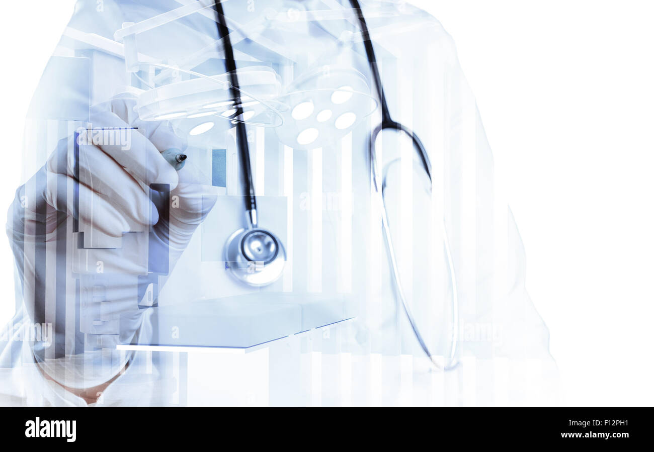 Double exposure of smart medical doctor working with abstract operating ...