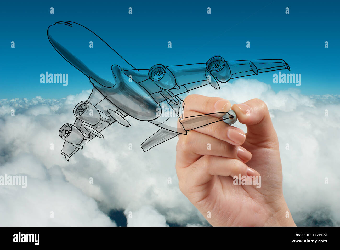 hand drawing airplane on blue sky background Stock Photo - Alamy