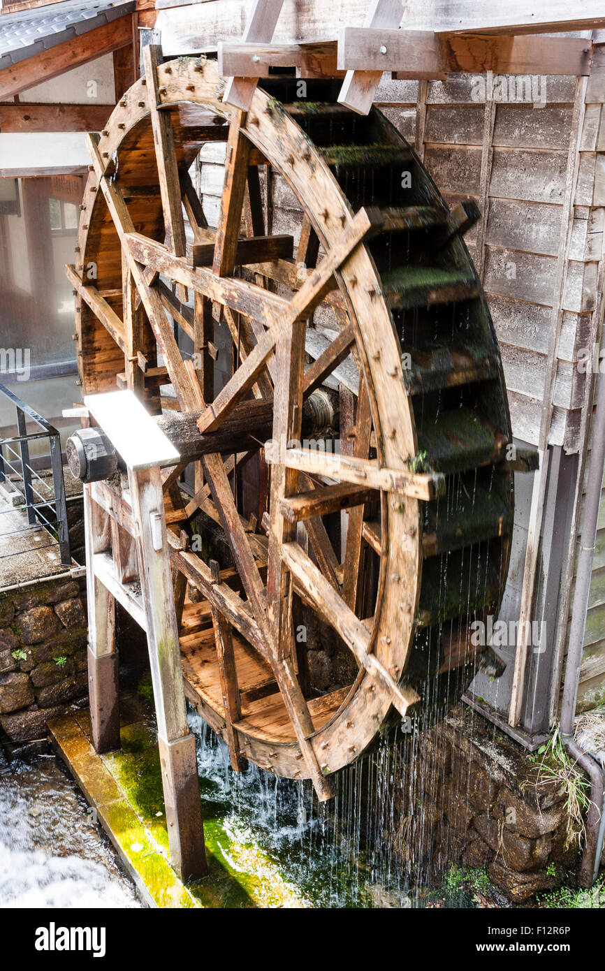 Edo period traditional water wheel on the side of a wood and plaster ...