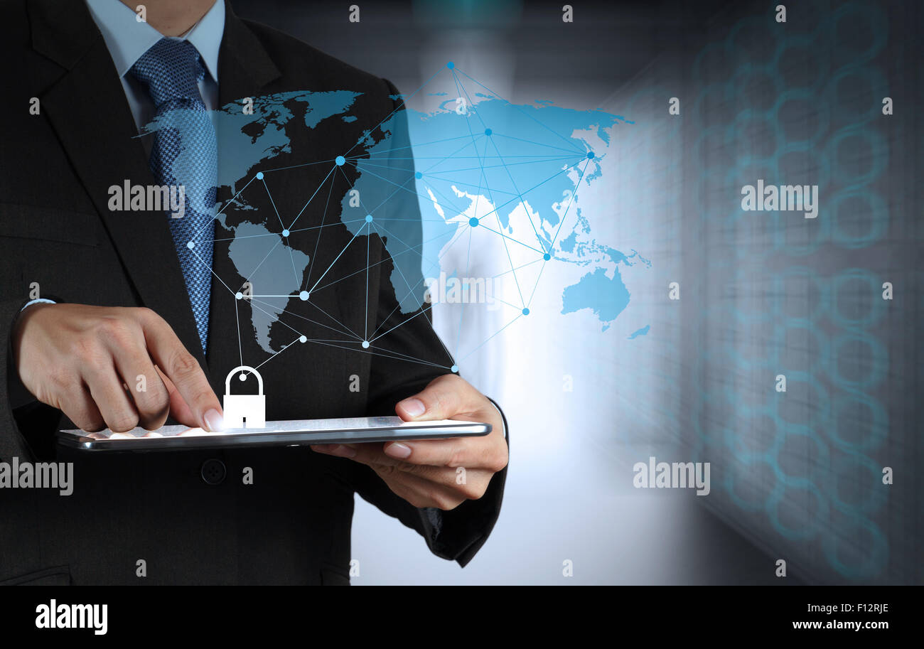 businessman hand pointing to padlock on touch screen computer as ...