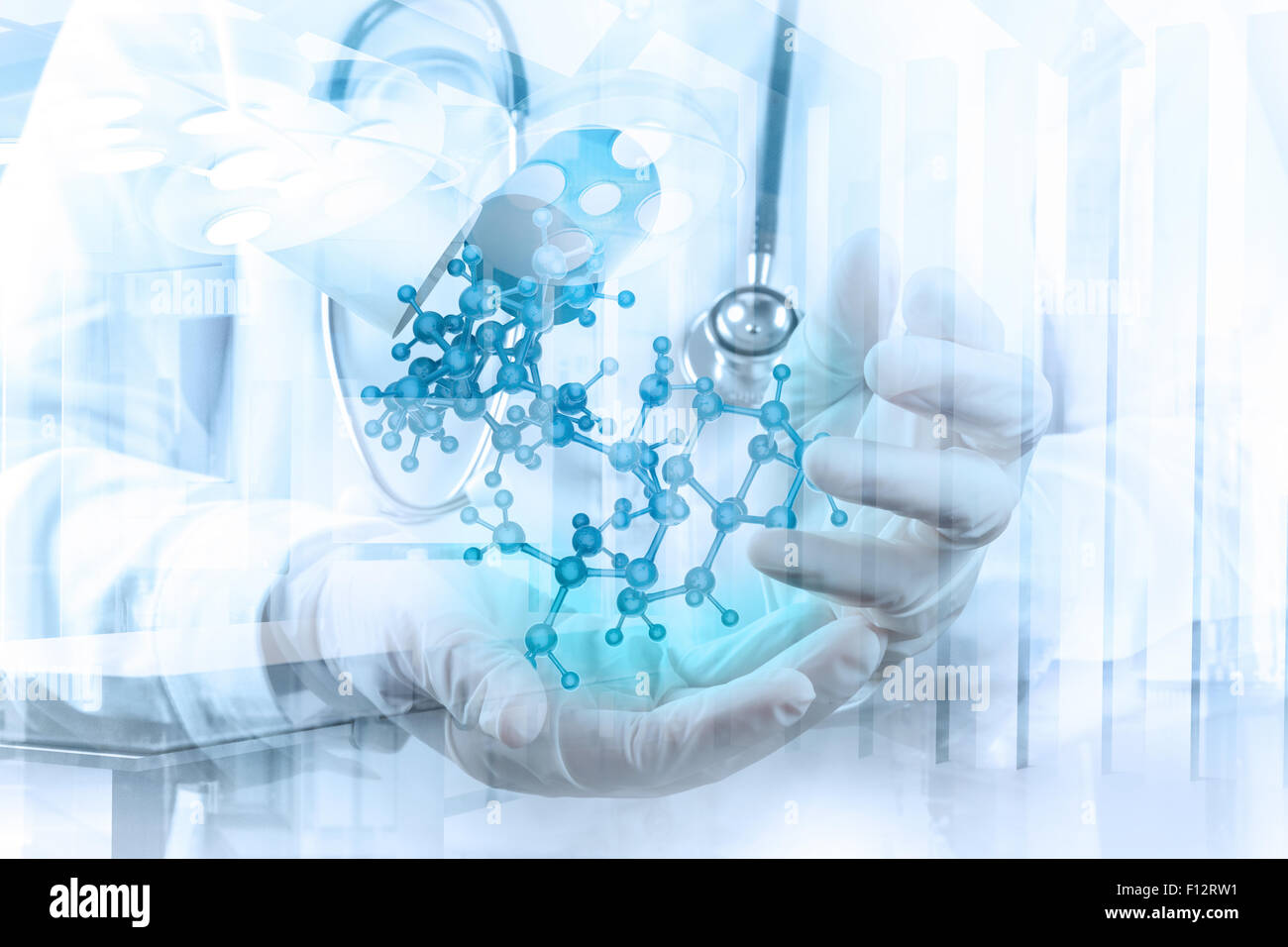 Double exposure of scientist doctor hand holds virtual molecular ...