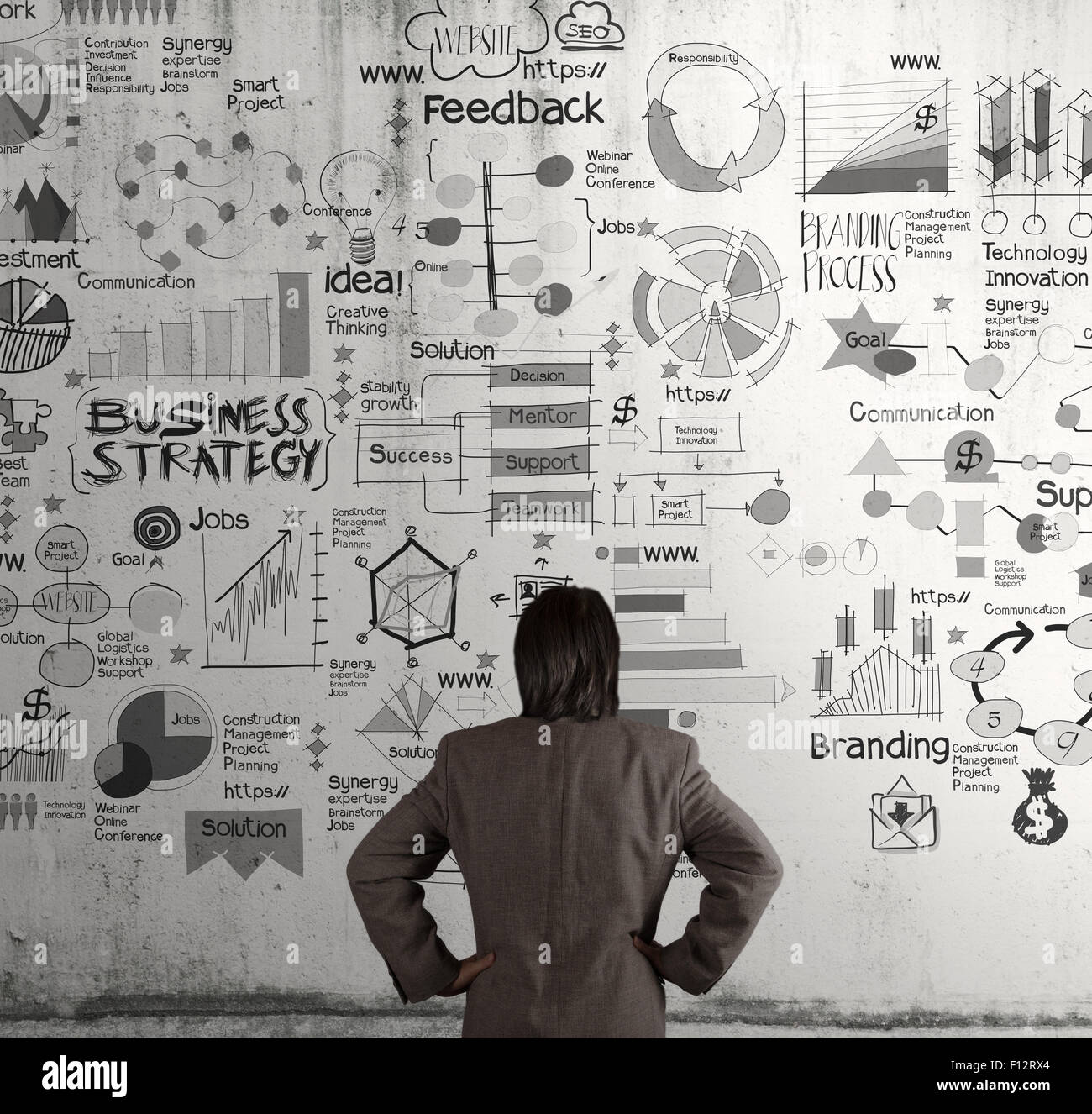 businessman looking business concept and strategy on texture wall ...