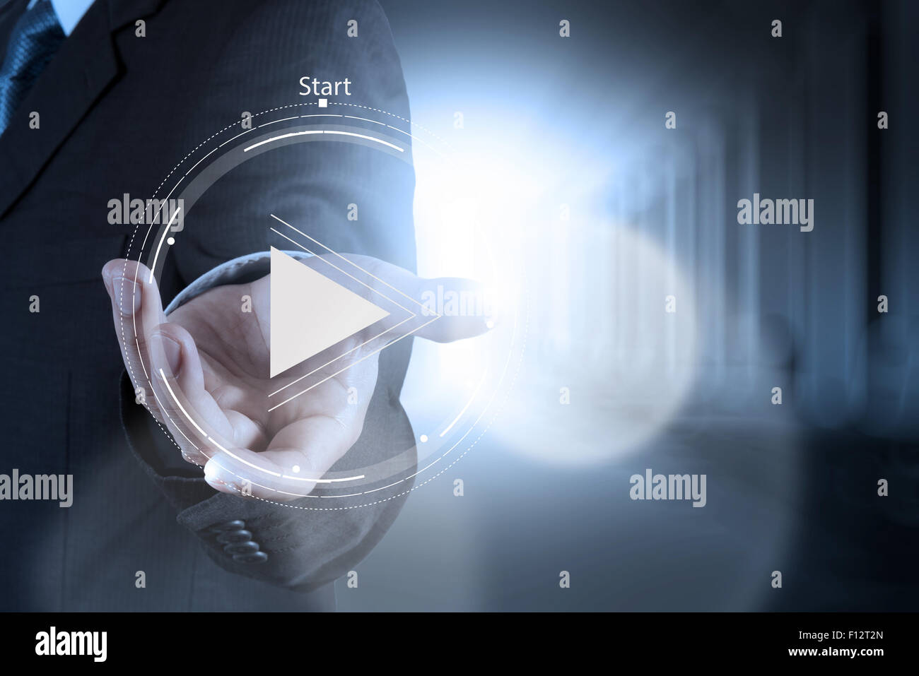 hand press play button sign to start or initiate projects as concept ...