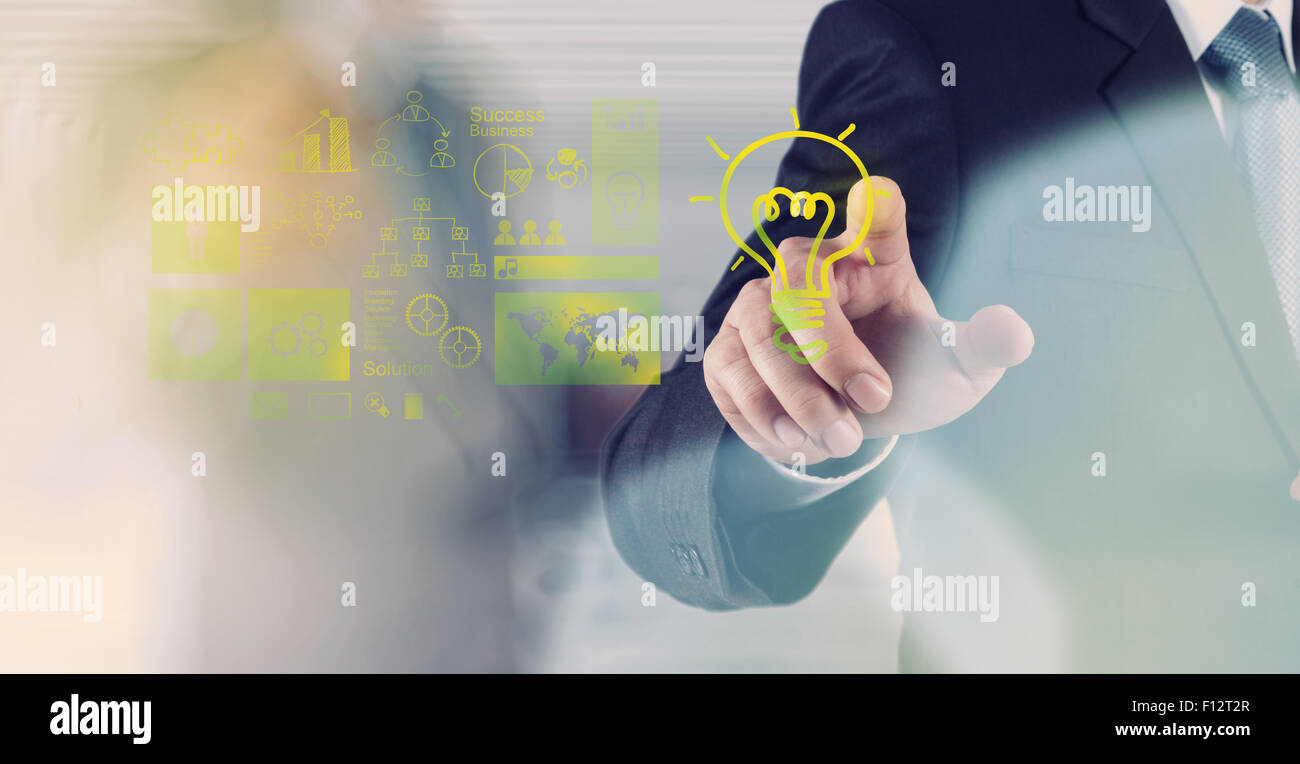 hand drawing creative business strategy with light bulb as concept ...