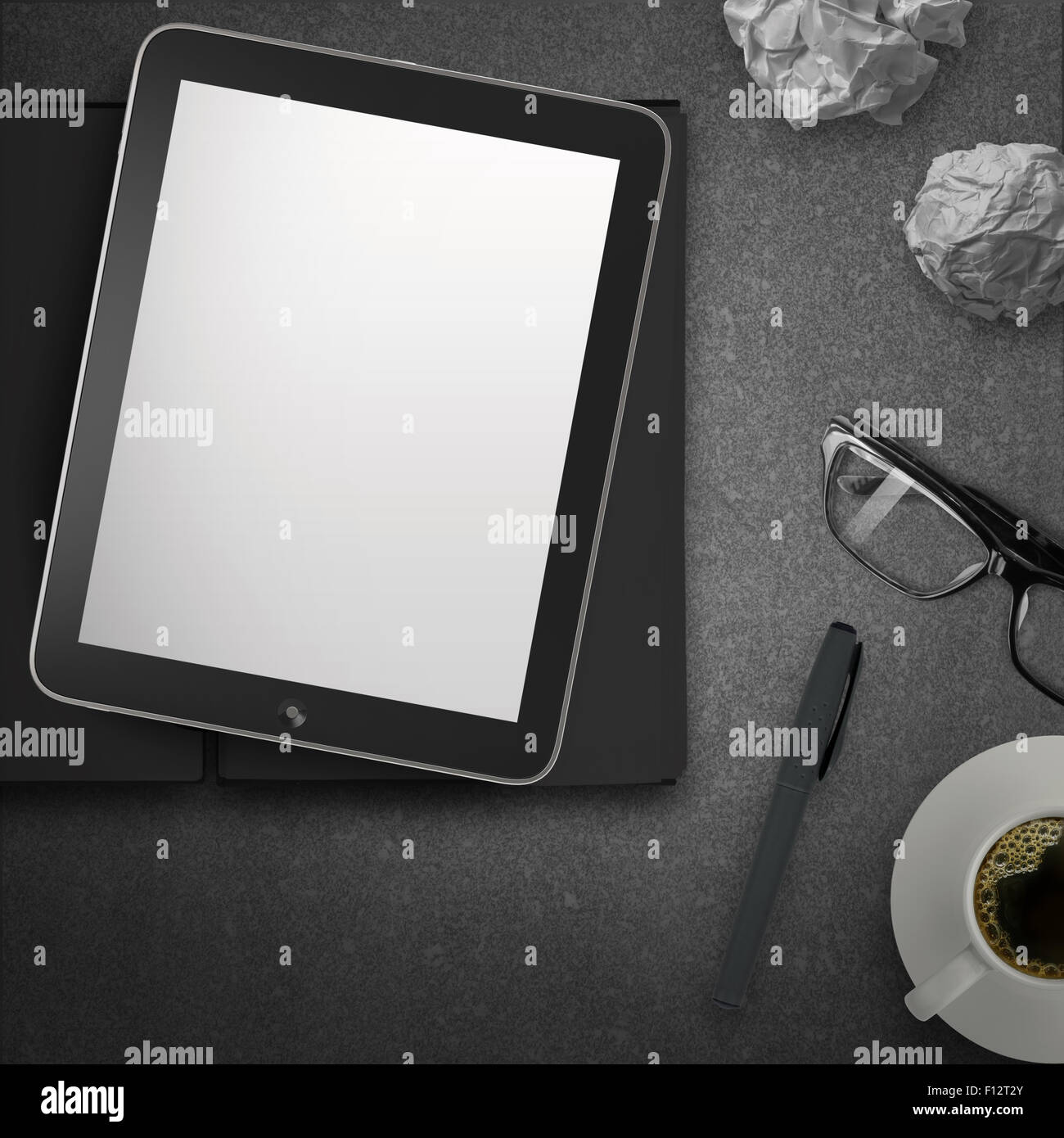 3d empty tablet and a cup of coffee with note pad on the stone desk ...