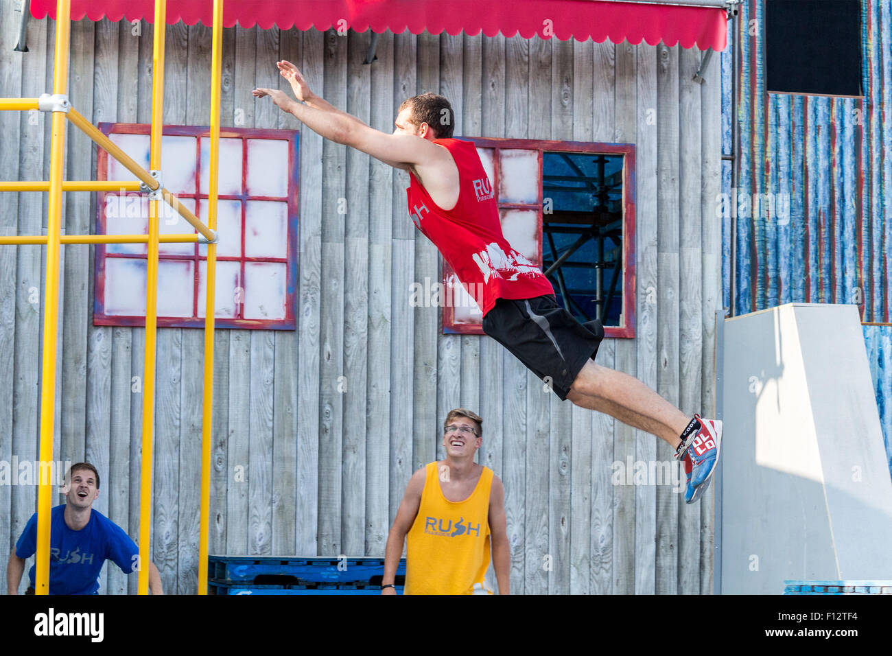 The acrobatic team Rush Parkour performs at the Canadian National ...
