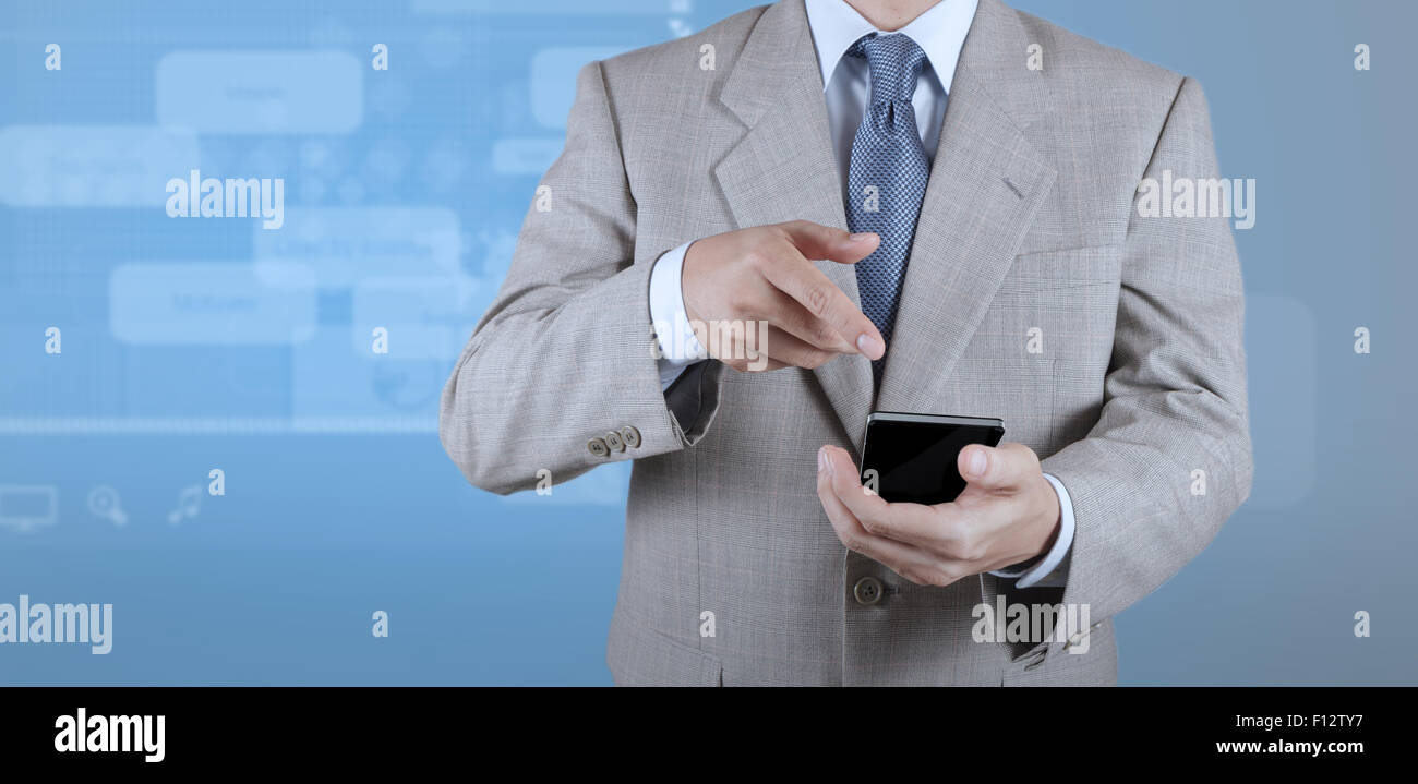 businessman with mobile phone on webinar screen background as concept ...