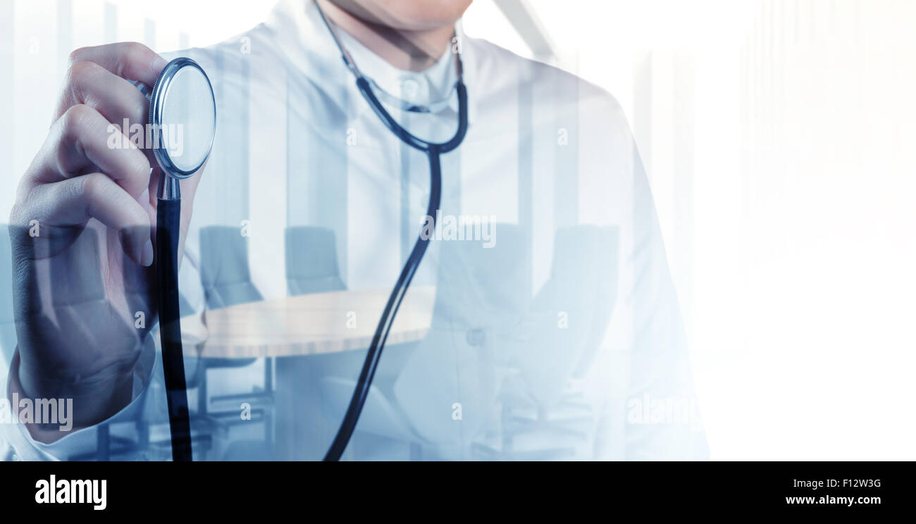 Double exposure of smart medical doctor working with operating room as ...