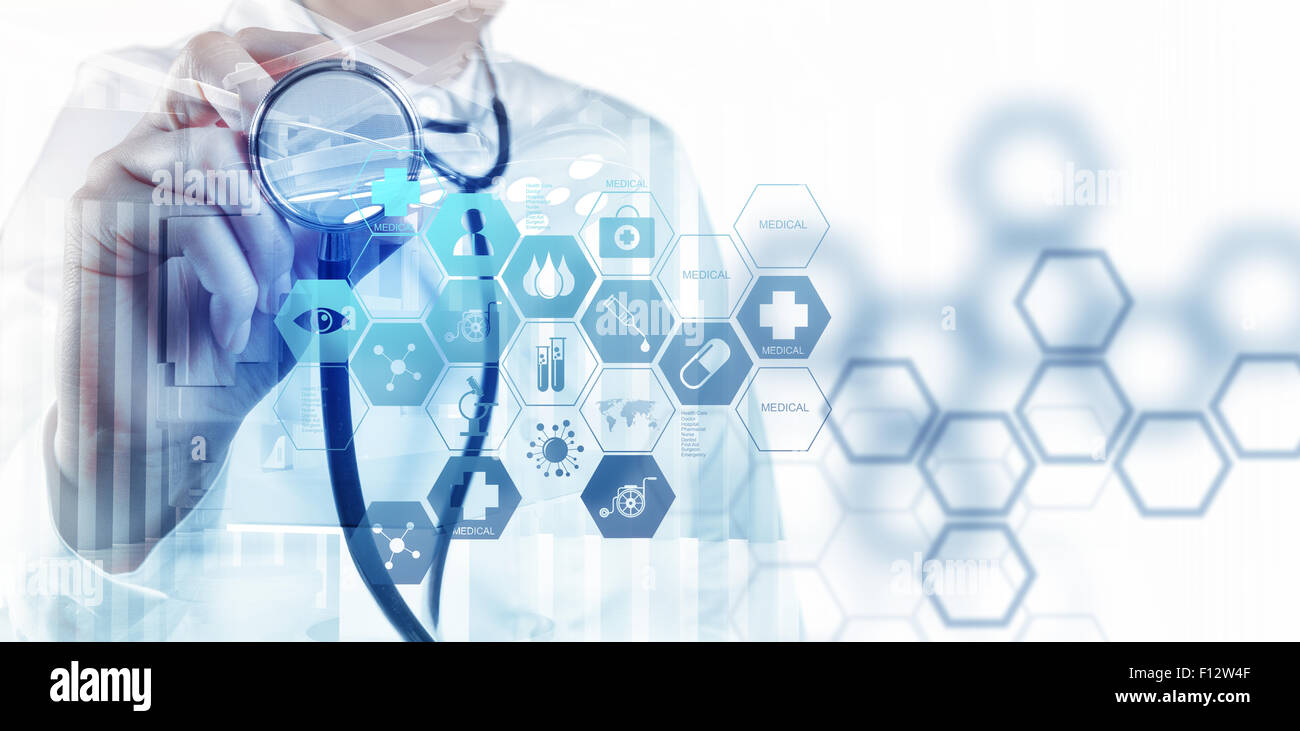 Double exposure of abstract smart medical doctor working with operating ...