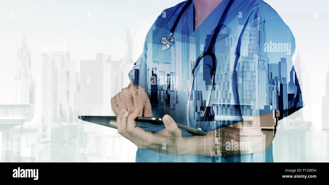 Double exposure of smart medical doctor working with abstract city as ...