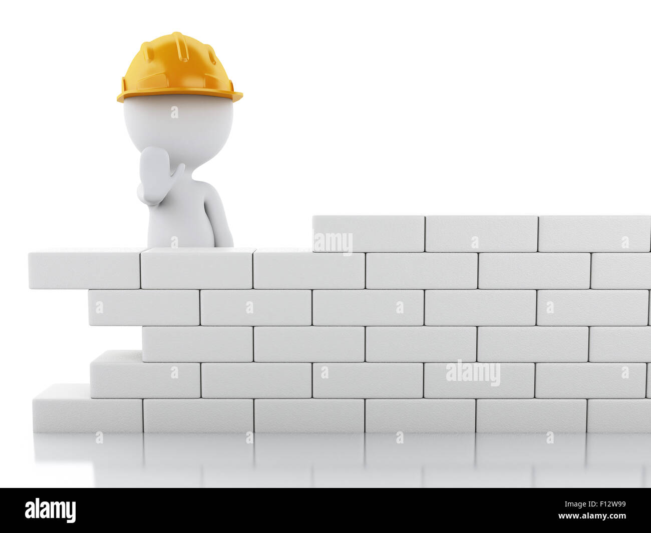 3d renderer image. White people building a brick wall. Isolated white ...