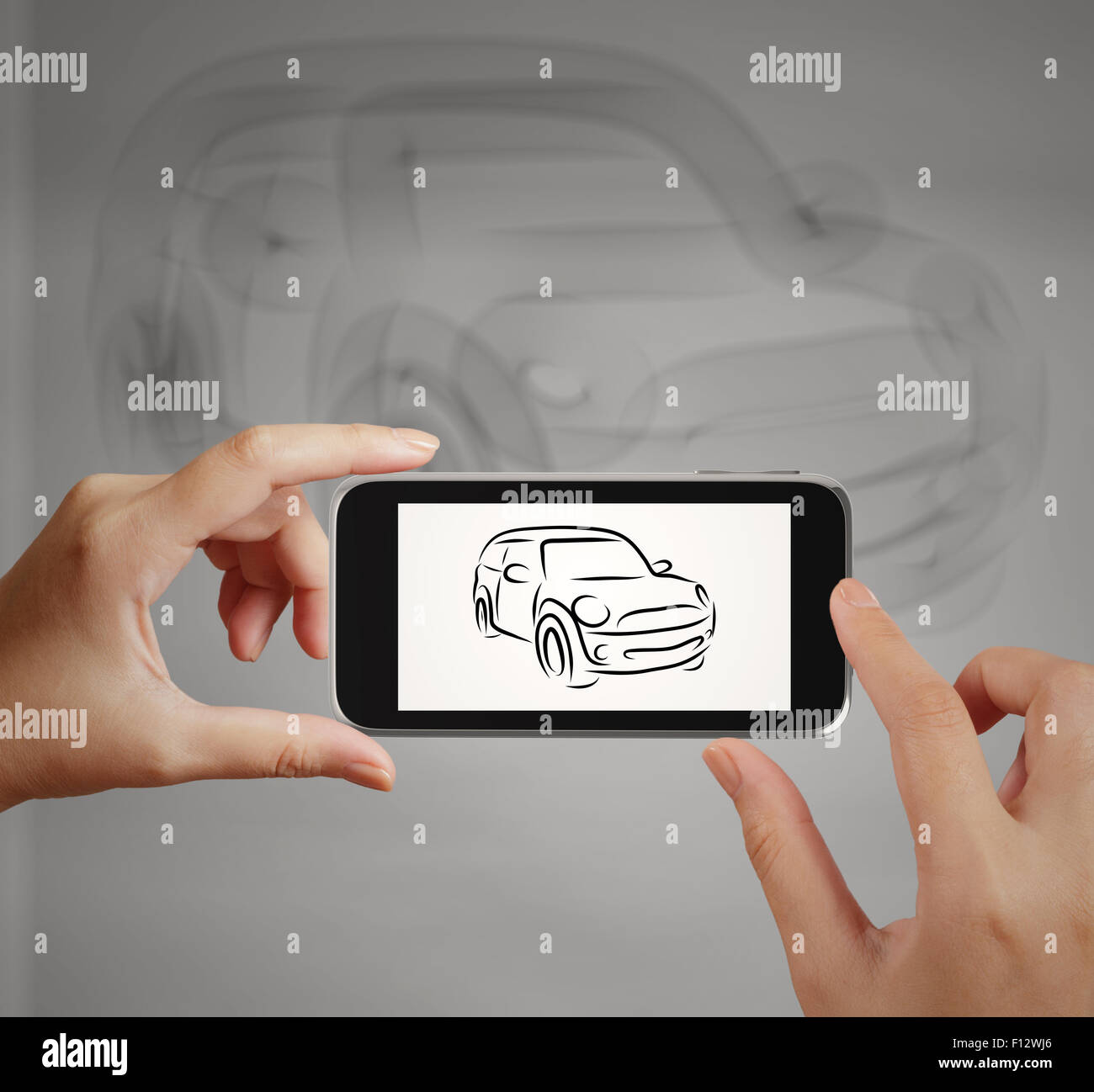 Smart hand using touch screen phone take photo of Car icon as concept ...