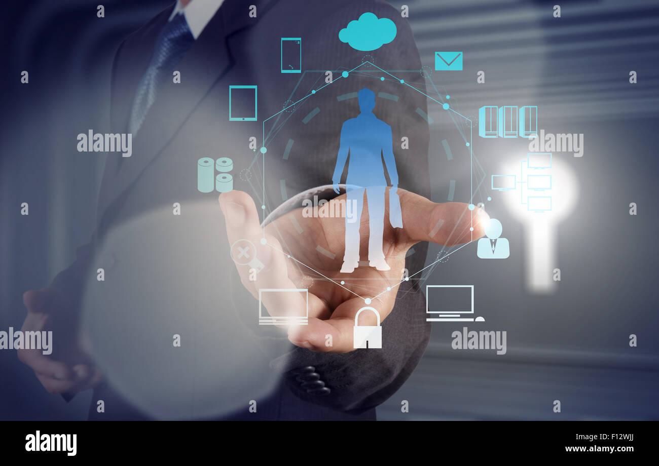 Double exposure of businessman hand showing leader on server background ...