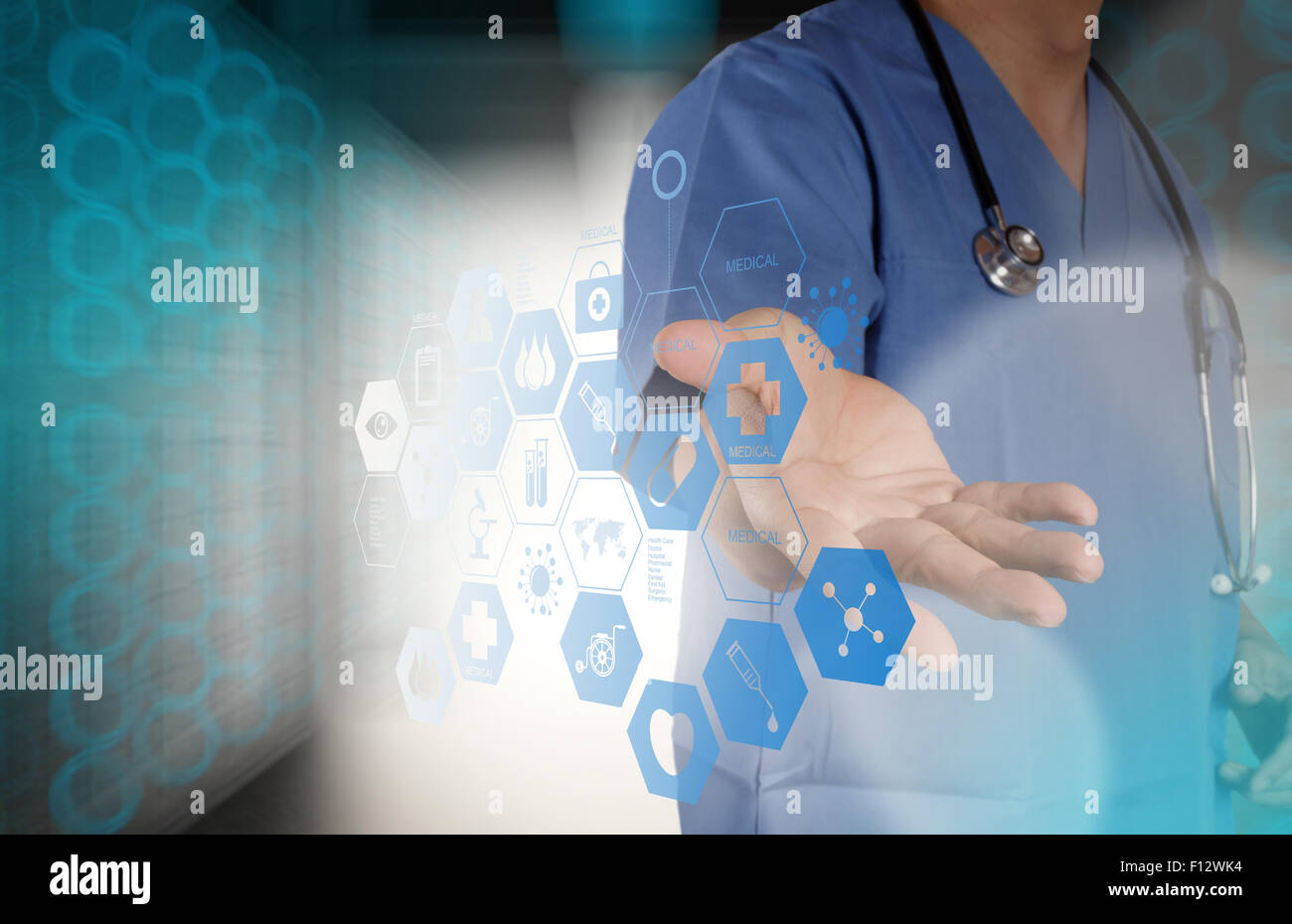 Medicine doctor hand working with modern computer interface as medical ...