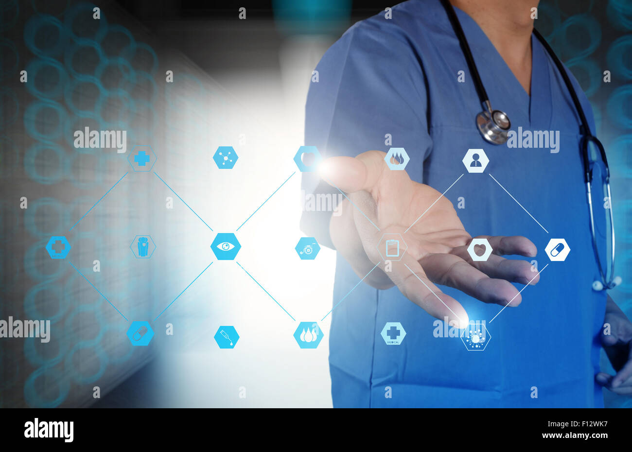 Medicine doctor hand working with modern computer interface as medical ...