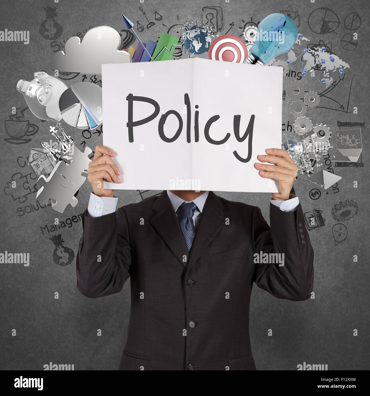 businessman hand show book of word policy on texture background as ...