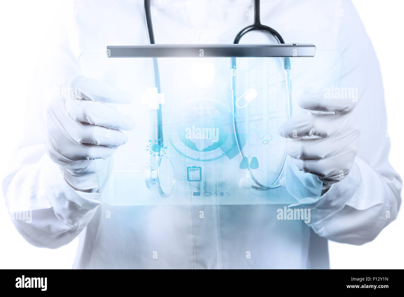 Medicine doctor hand working with modern computer interface as medical ...