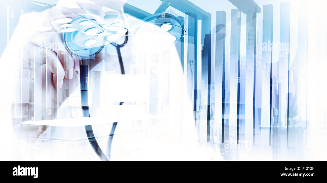 Double exposure of smart medical doctor working with abstract city as ...