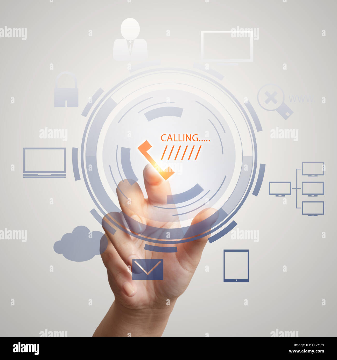 businessman pressing support button on virtual screens as concept Stock ...