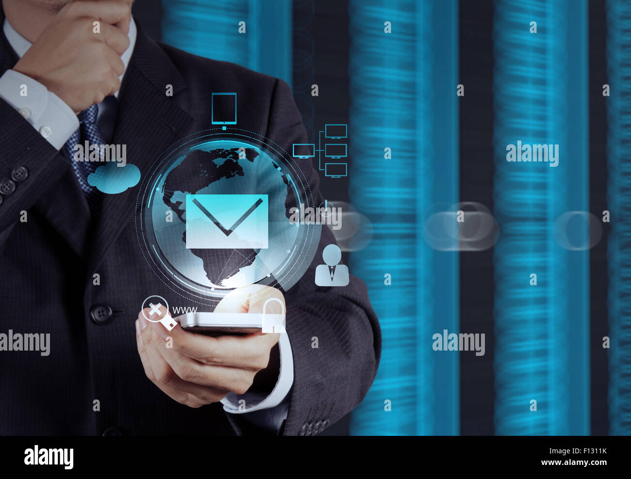 businessman hand use smart phone computer with email icon as concept ...