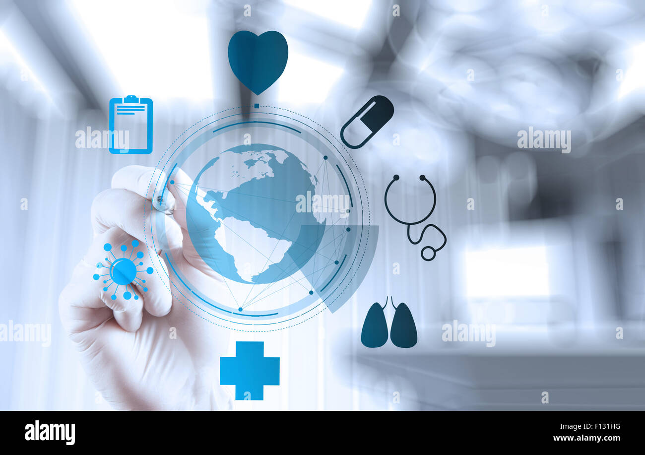 Medicine doctor hand working with modern computer interface as medical ...