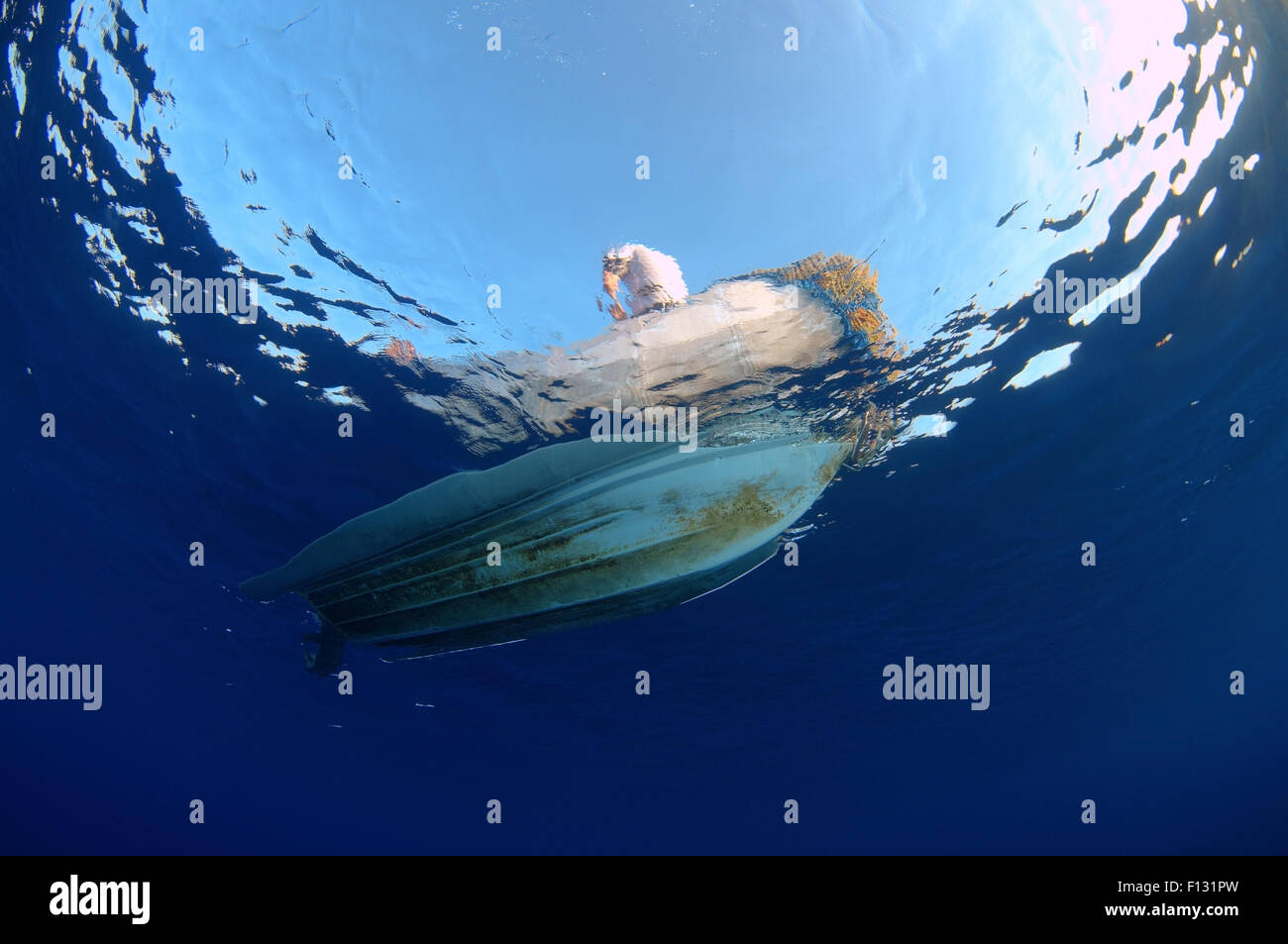 Red Sea, Egypt. 15th Oct, 2014. Bottom of the boat under water, Red sea ...