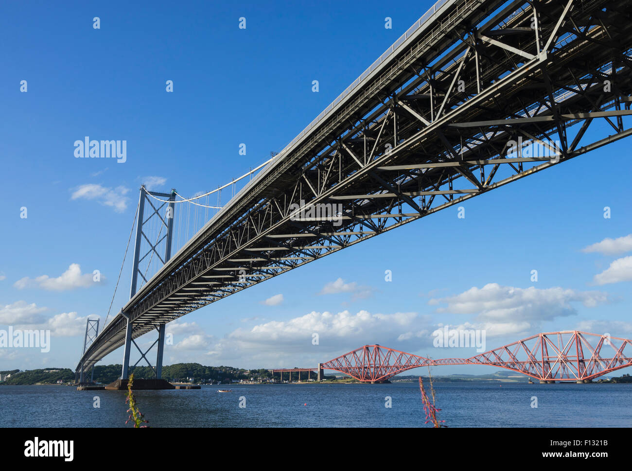 View of Forth Road Bridge and Forth Rail Bridge crossing the River Forth from South Queensferry ...