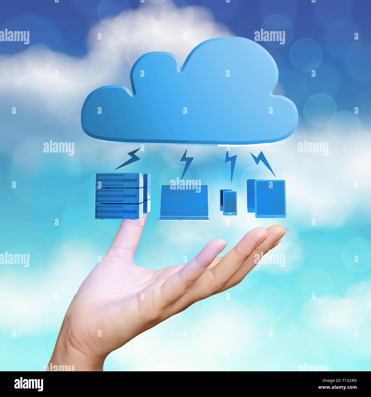 hand showing 3d Cloud Computing diagram icon on blue sky background as ...
