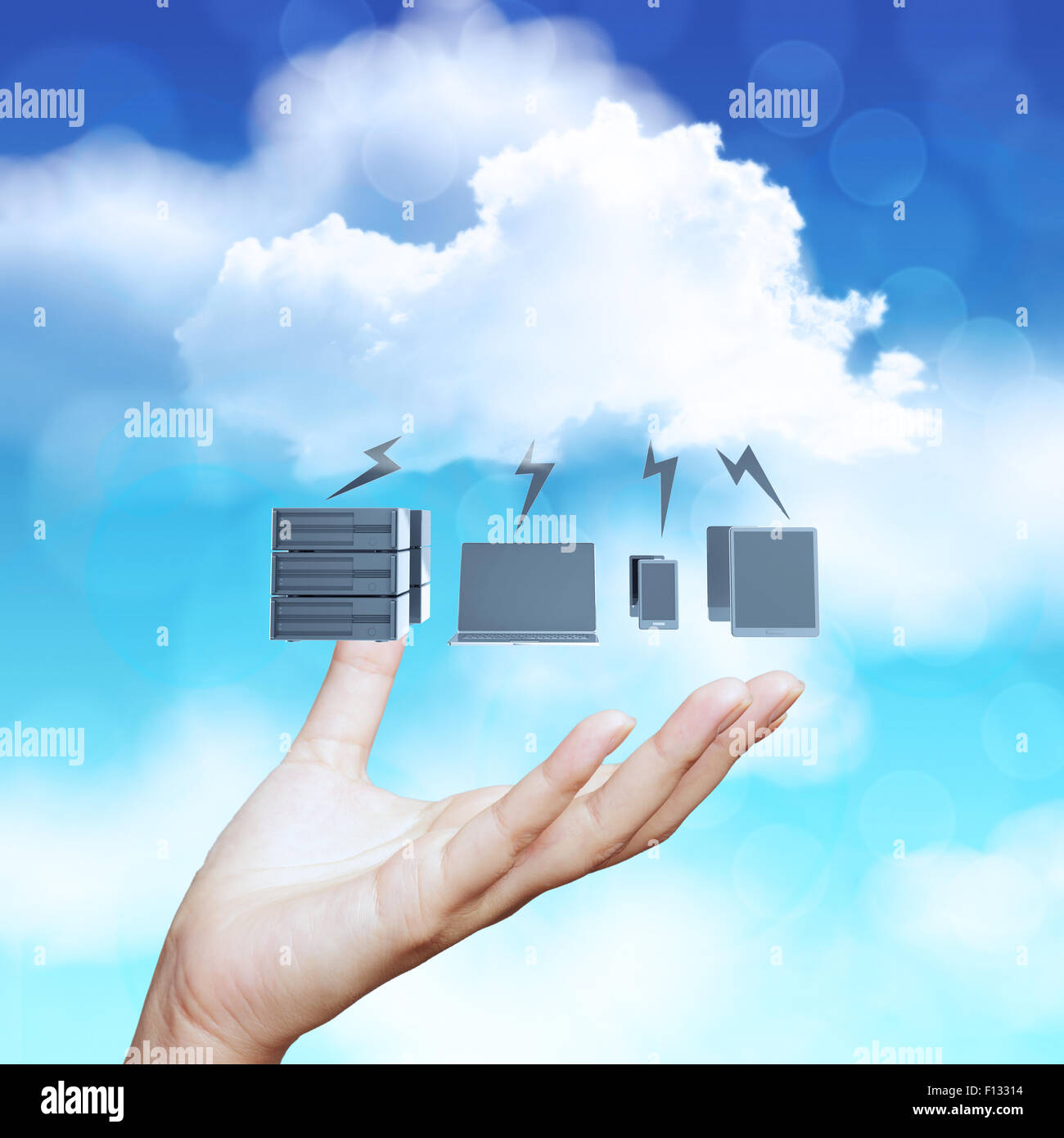 hand showing 3d Cloud Computing diagram icon on blue sky background as ...