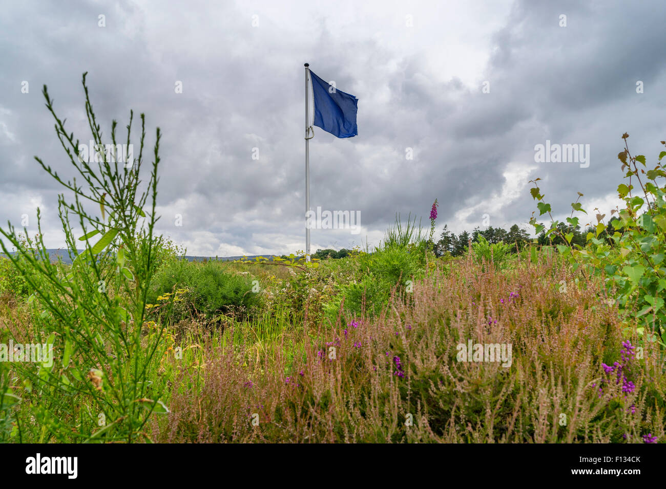 Flag indicating frontline of the Jacobite army on moorland at Culloden ...