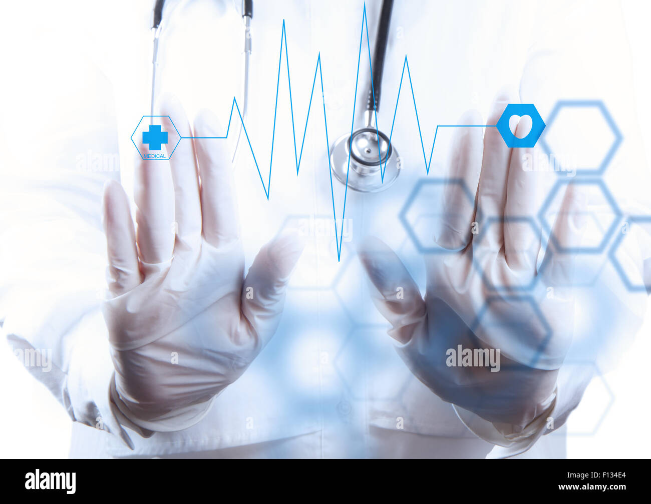 Medicine doctor hand working with modern computer interface as medical ...