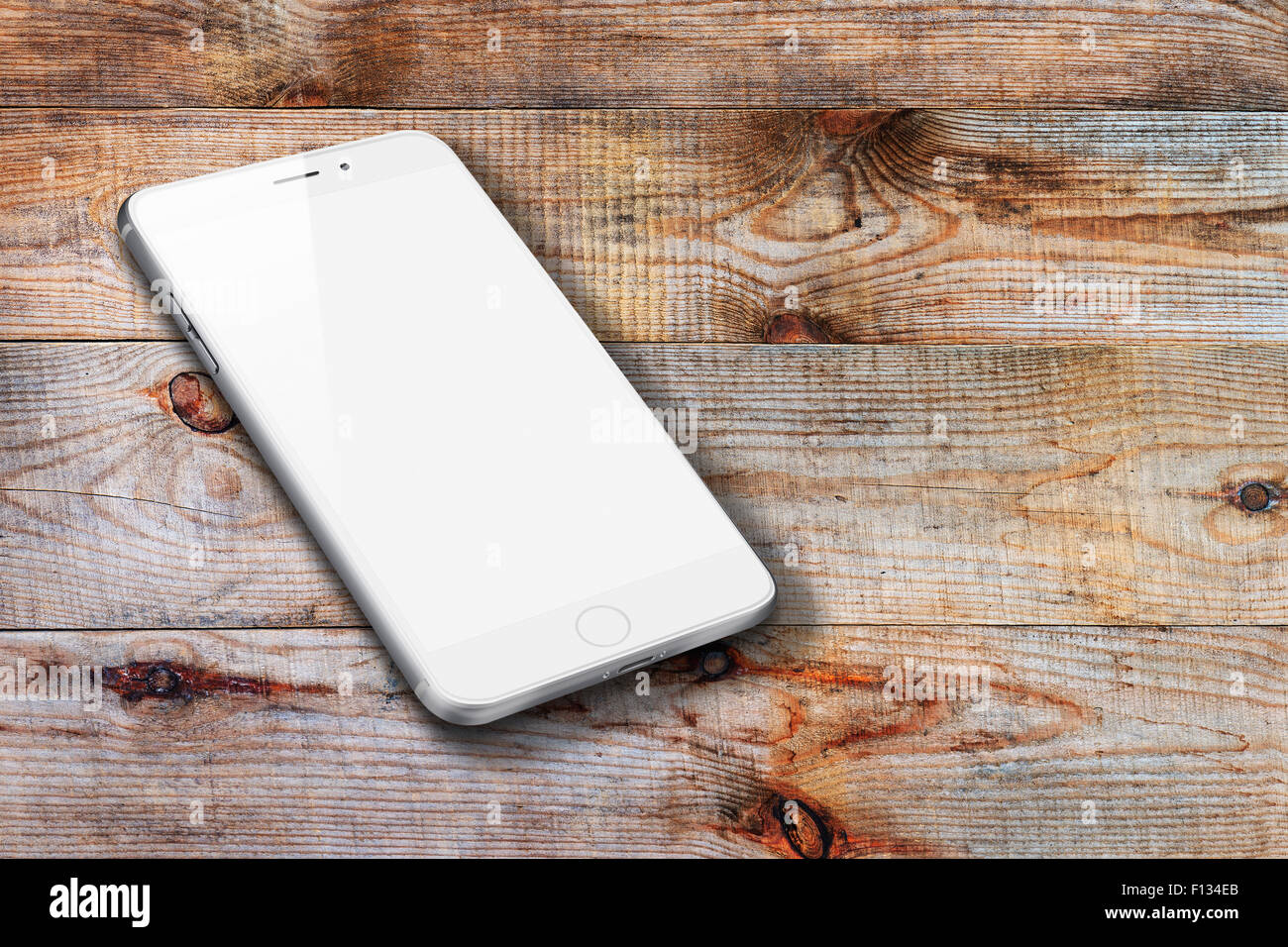 Realistic mobile phone with blank screen and shadows on wooden ...