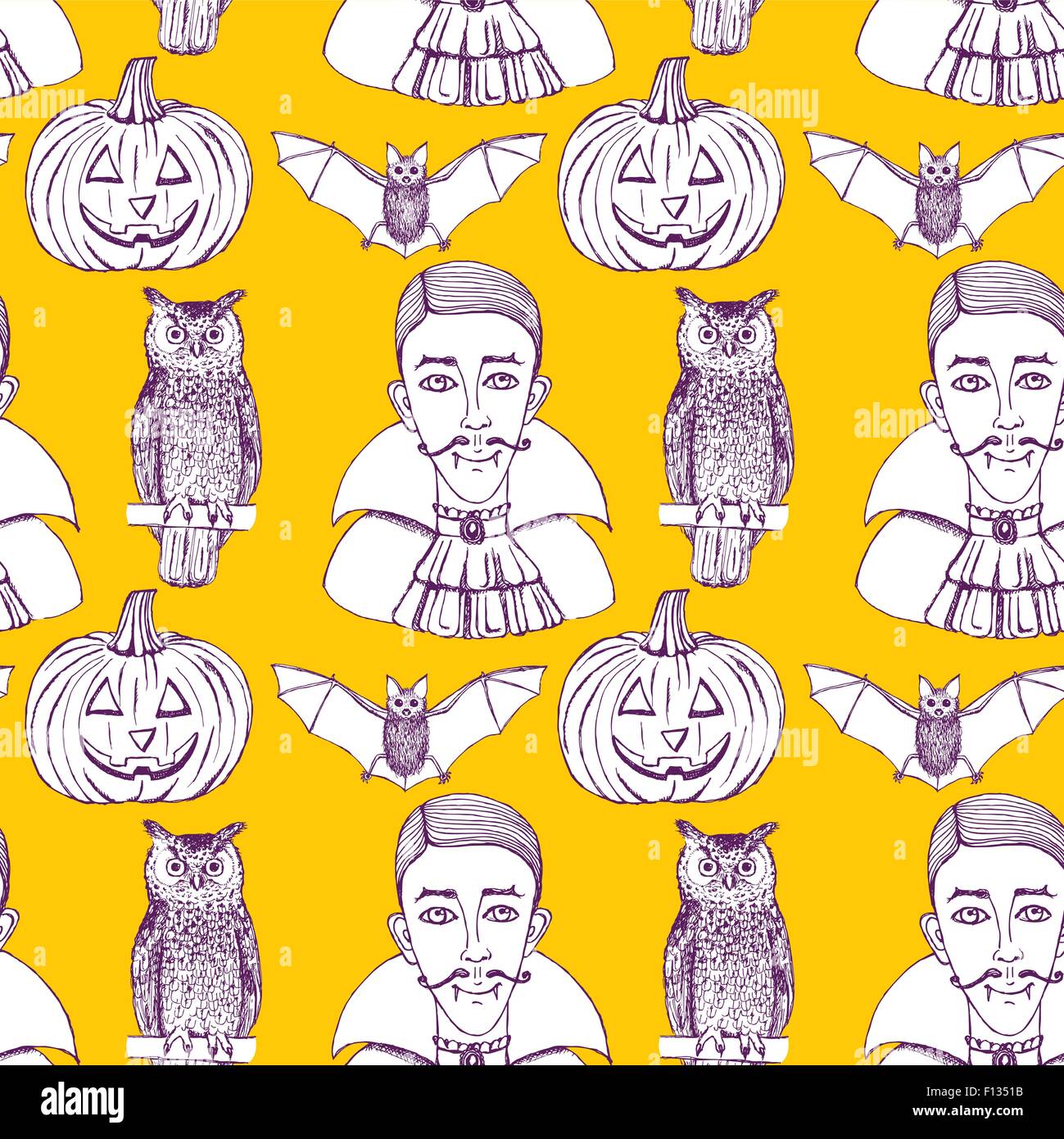 Sketch Halloween seamless pattern in vintage style, vector. Owl ...