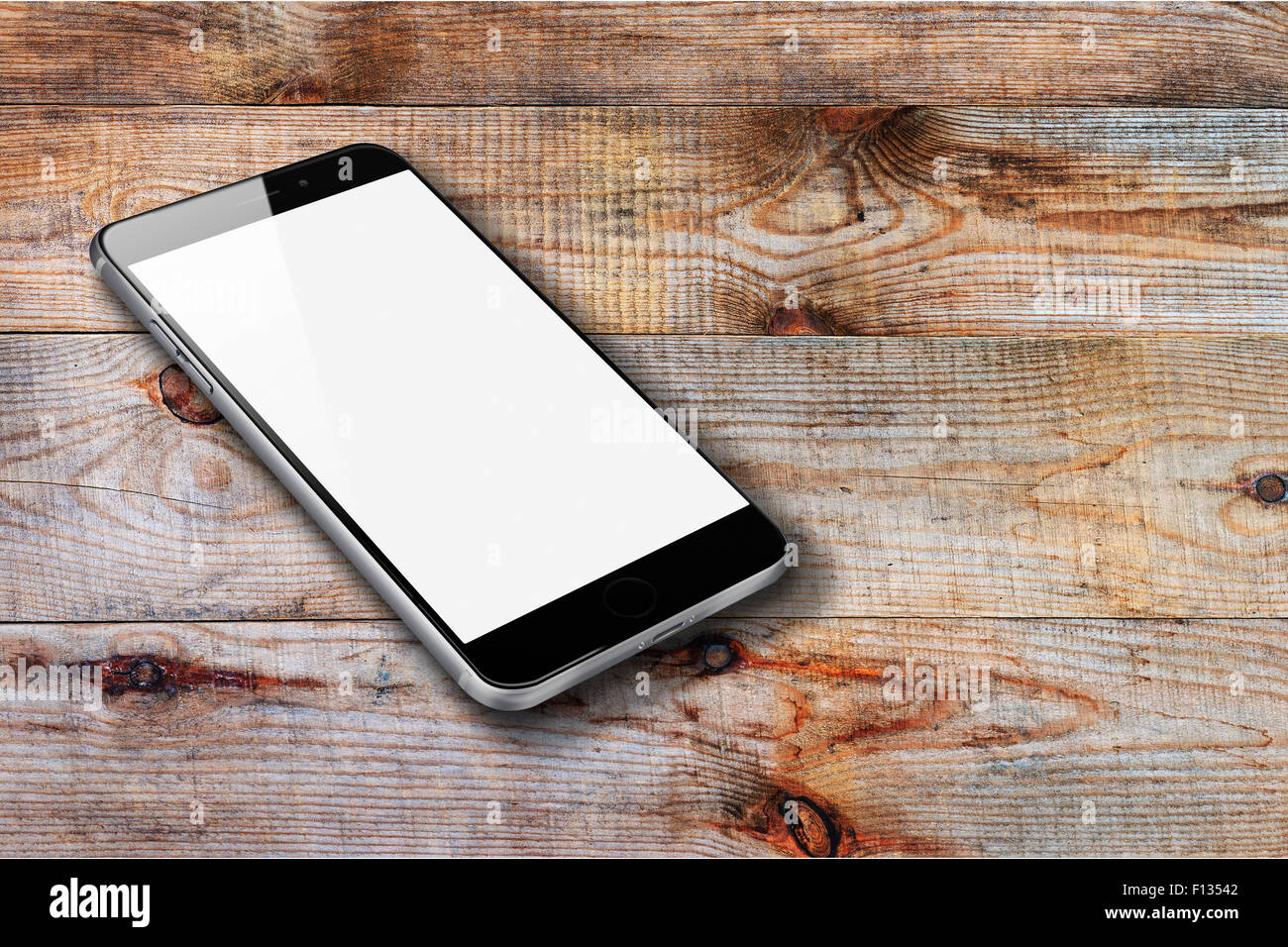 Realistic mobile phone with blank screen on wooden background. Highly ...