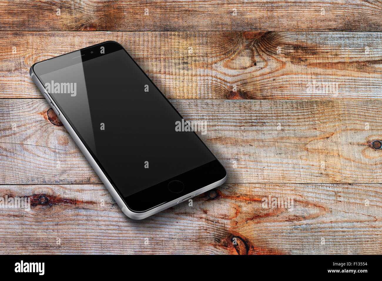 Realistic mobile phone with black screen and shadows on wooden ...