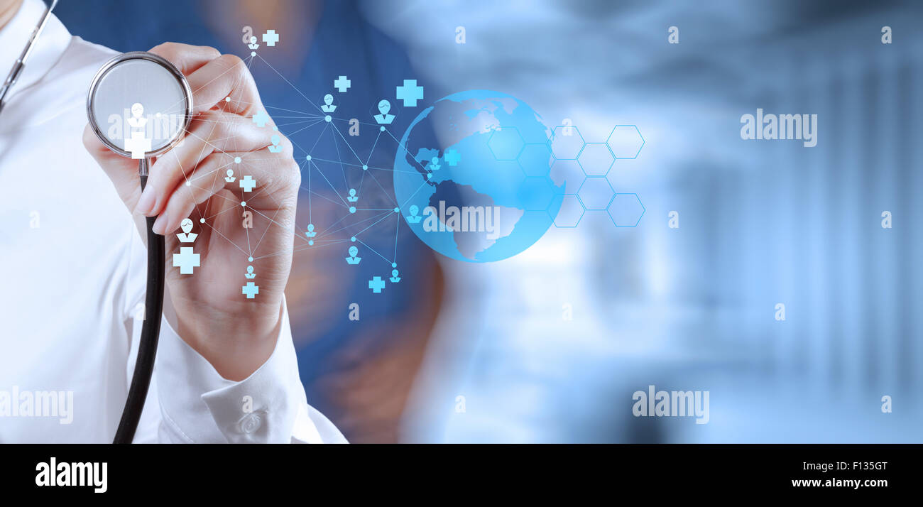 Medicine doctor hand working with modern computer interface as medical ...