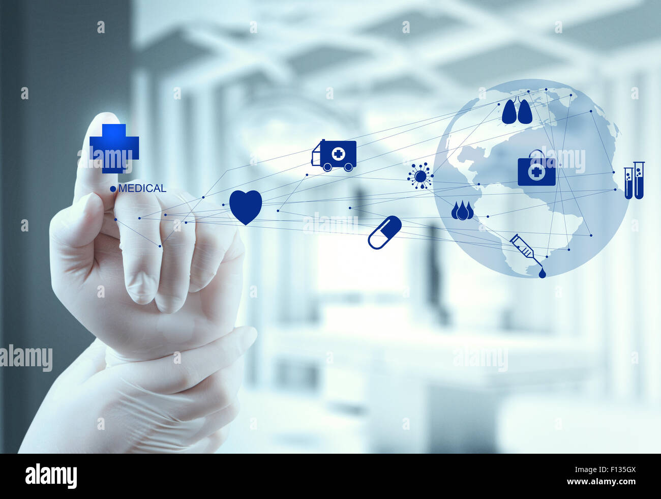Medicine doctor hand working with modern computer interface as medical ...