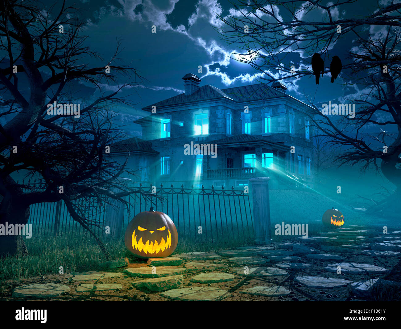 Halloween night background with scary house. 3d rendering Stock Photo ...