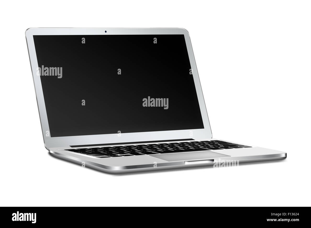 Modern laptop with black screen and shadows isolated on white ...