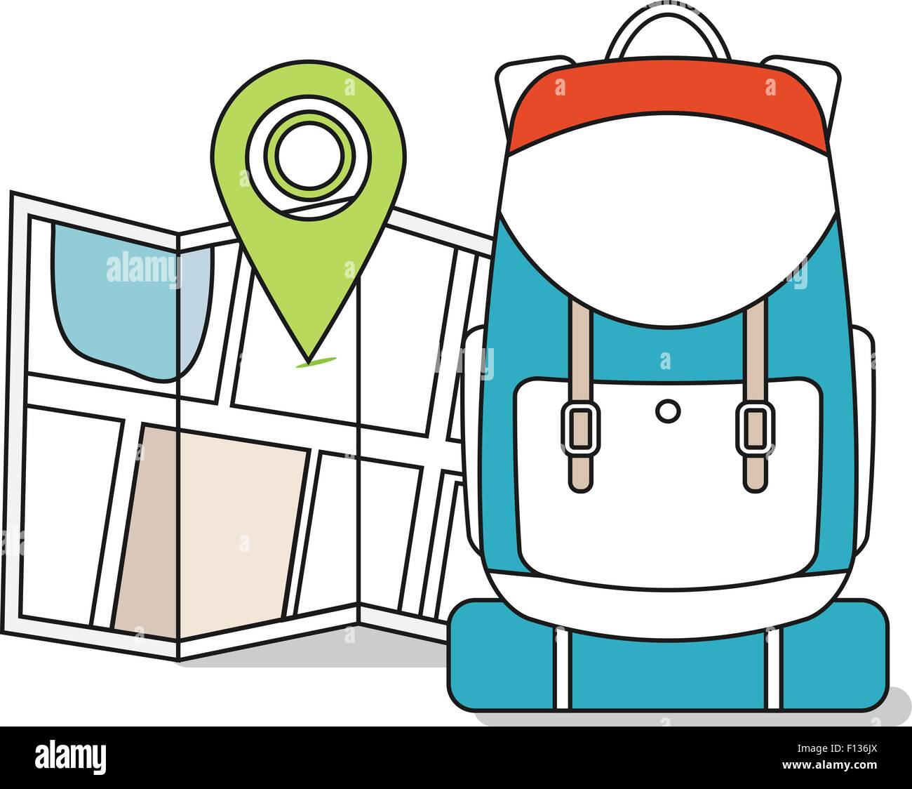 Travel Map with backpack. Line Icons, Tourist, Sightseeing, Journey ...