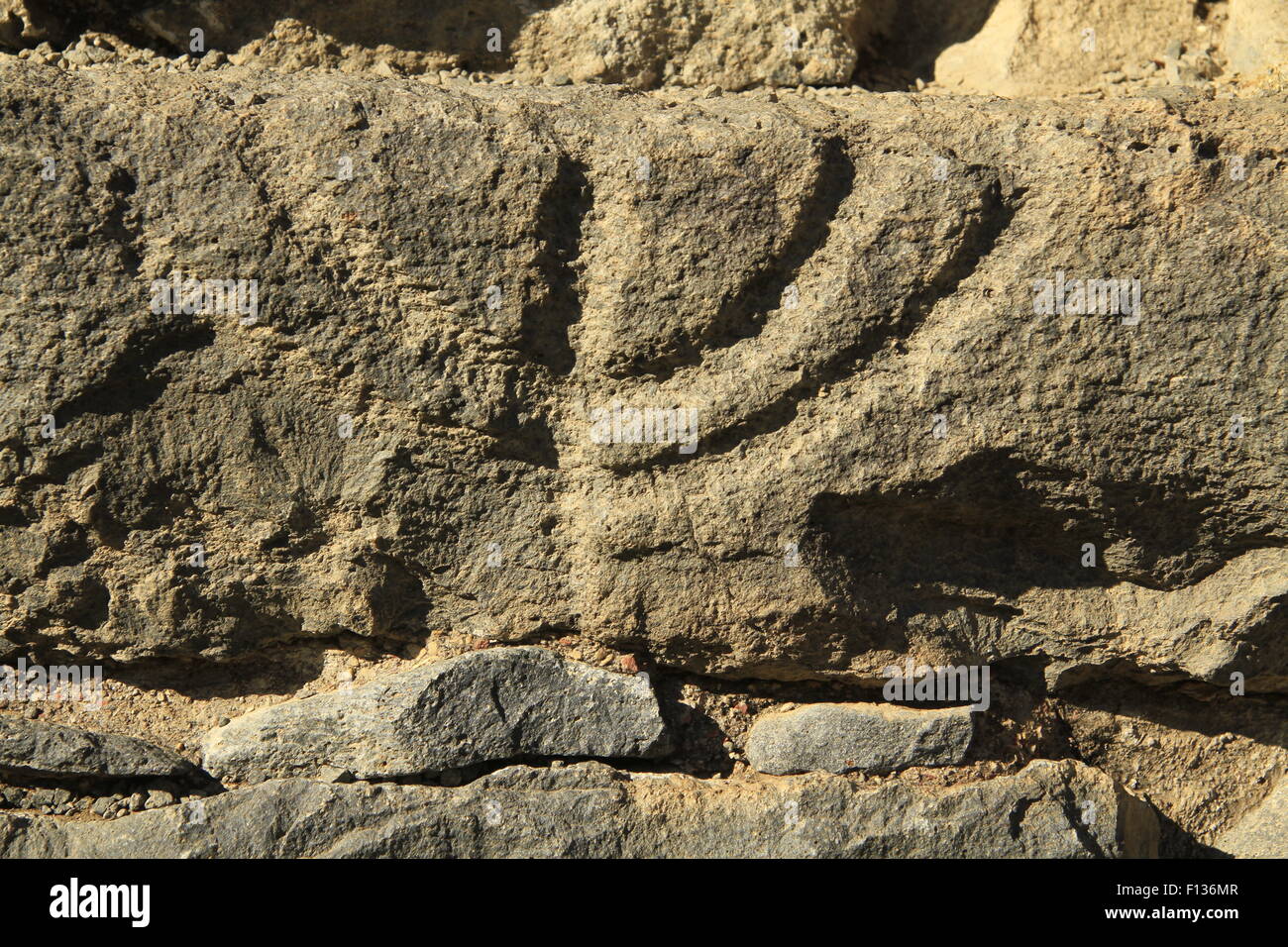 Golan Heights, engraved Menorah on a stone at the ancient Synagogue in ...