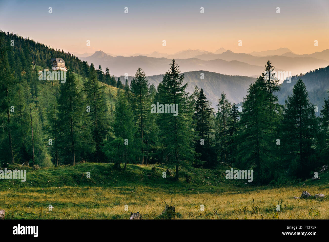 Mountain hut and sunset in Dachstein, Steiermark, Styria, Austria Stock ...